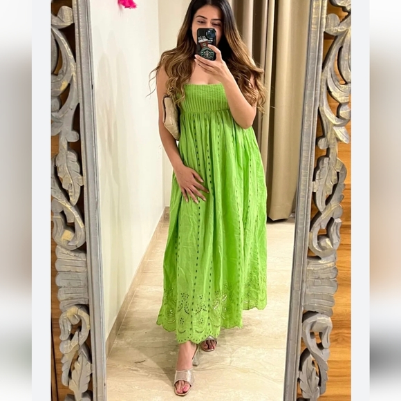 Zara | Dresses | Zara Openwork Eyelet Embroidered Green Dress Flowy ...